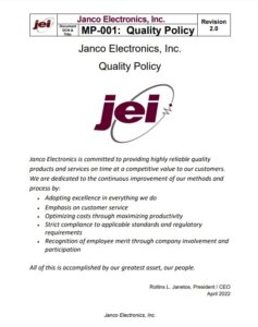 Janco Electronics Quality Standards | ISO 13485:2016 Certified